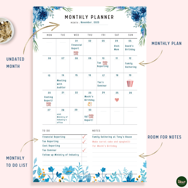 Blue Floral Daily, Weekly & Monthly Planner - M132 – mrsneat