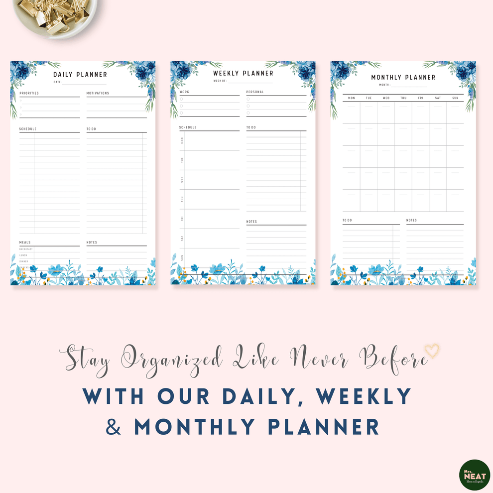 Blue Floral Daily, Weekly & Monthly Planner - M132 – mrsneat