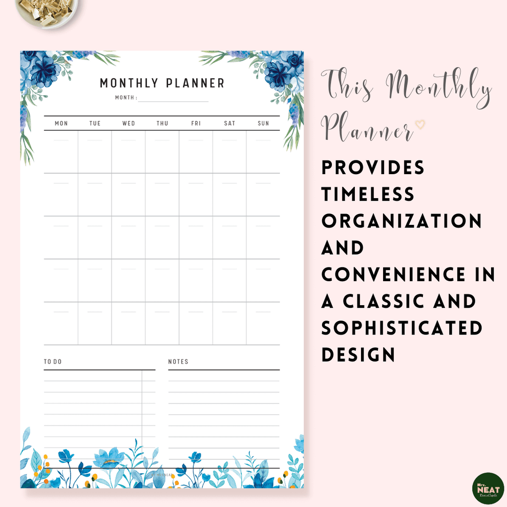Blue Floral Monthly Planner Printable - M129 – mrsneat