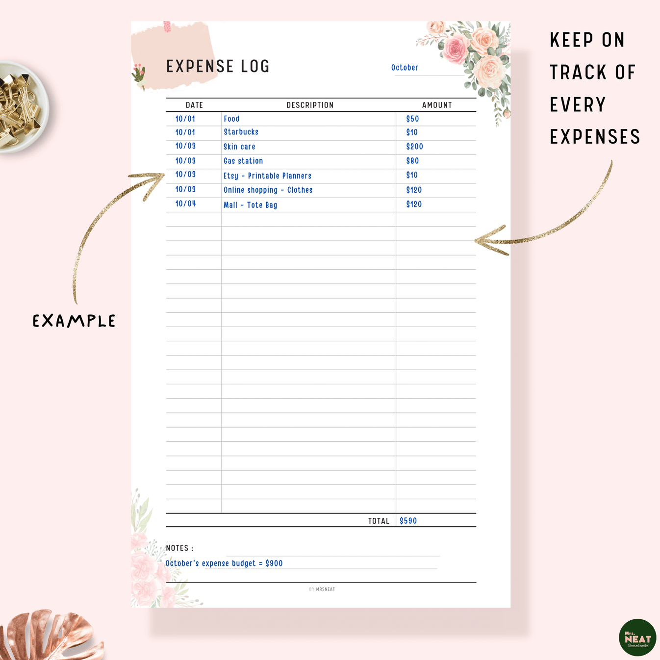 Expense Log Printable - M117/8 – mrsneat