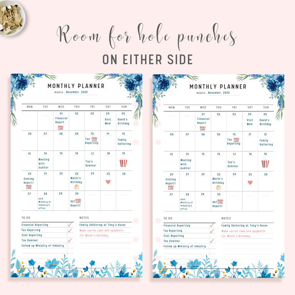 Blue Floral Monthly Planner Printable - M129 – mrsneat