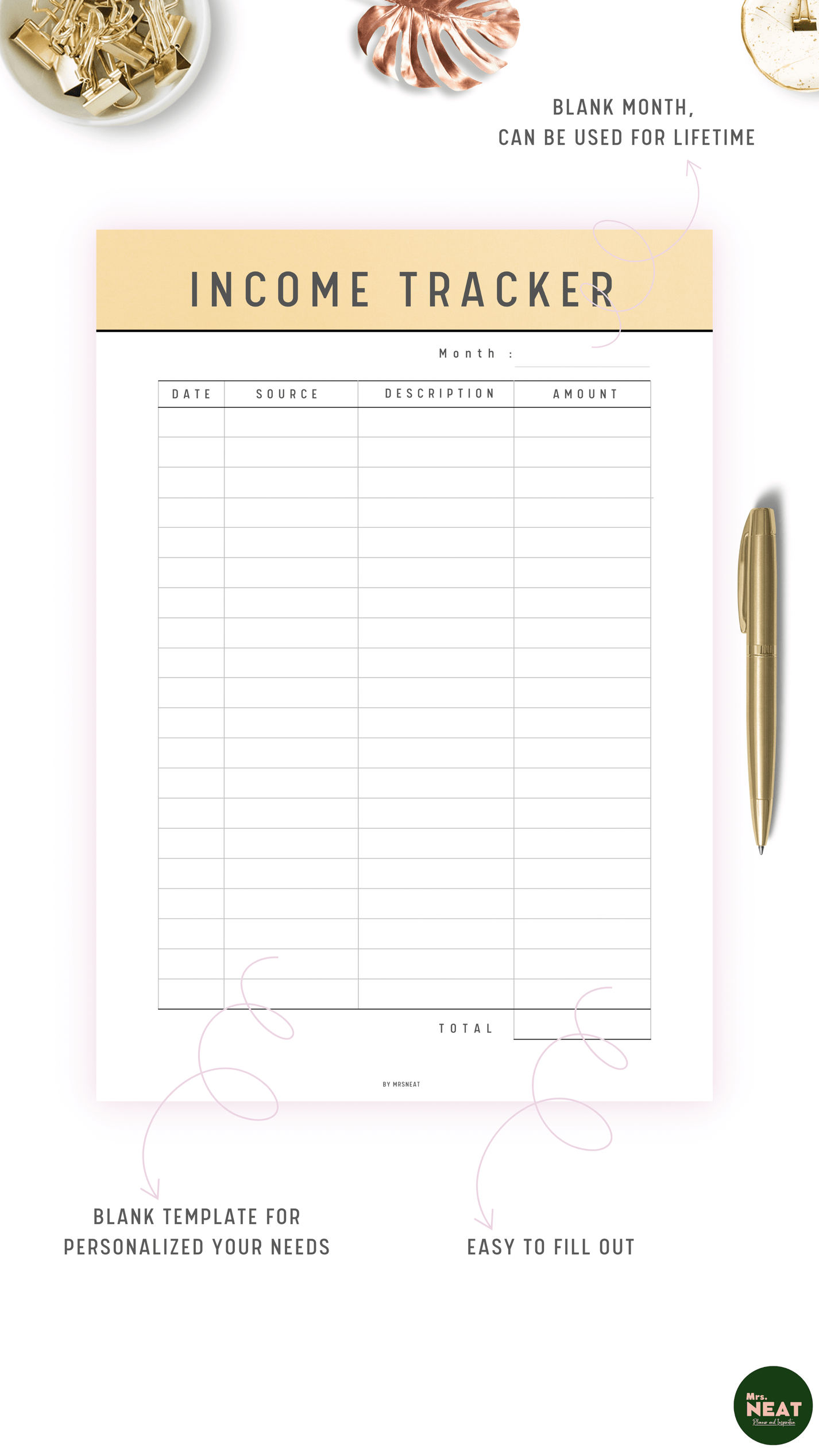 Income Tracker PRINTABLE - M163 – mrsneat