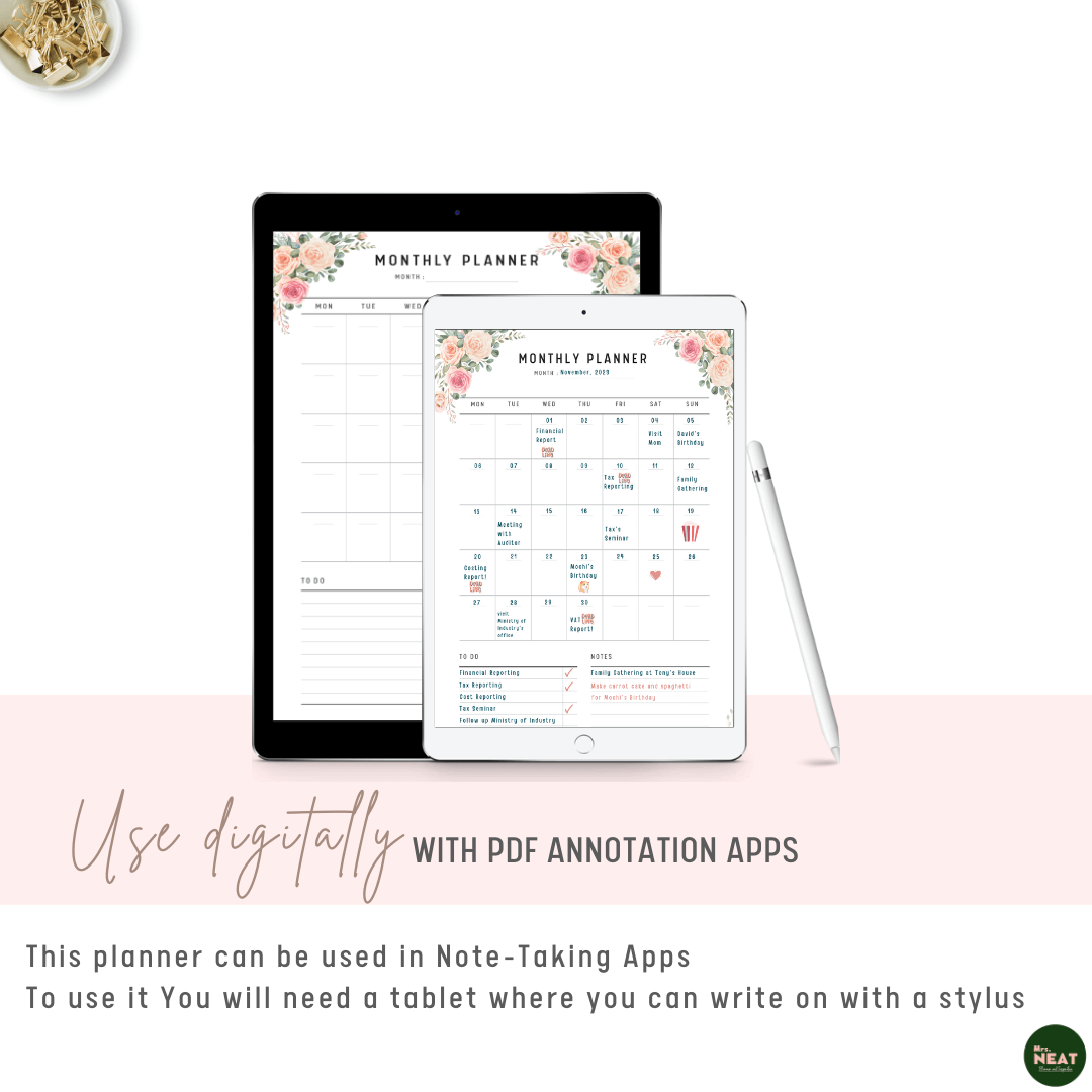 Free Pink Blush Floral Monthly Planner Printable - M130 – mrsneat