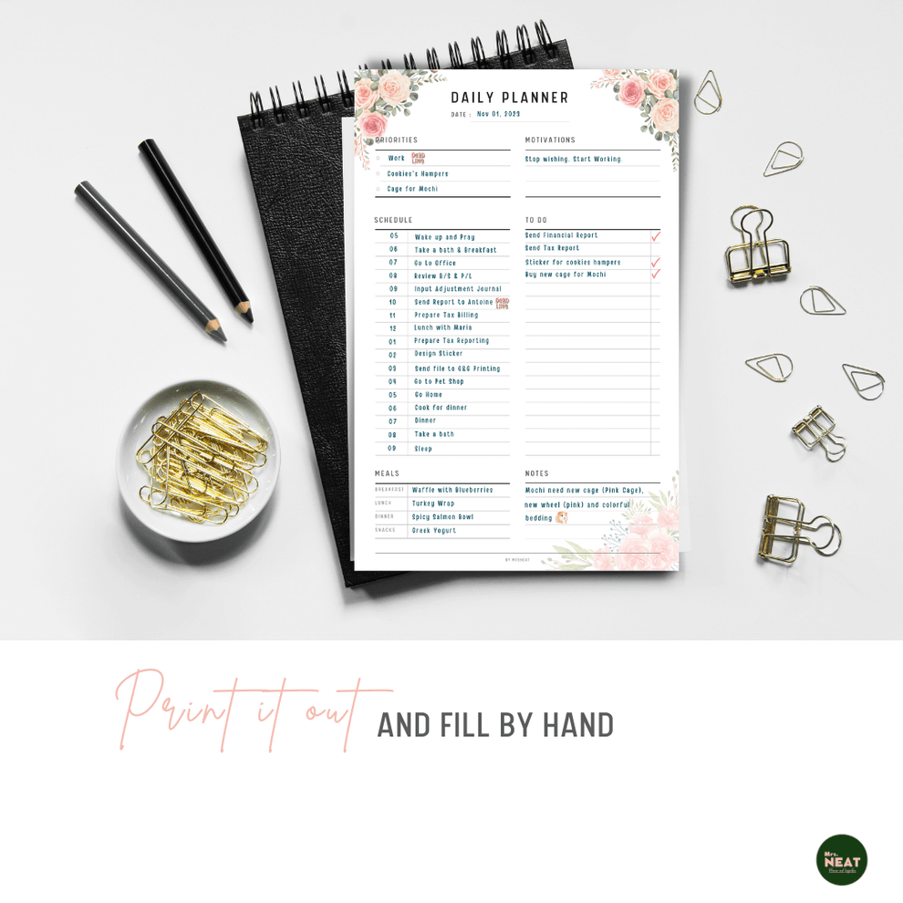 Pink Floral Daily Planner Printable - M126 – mrsneat