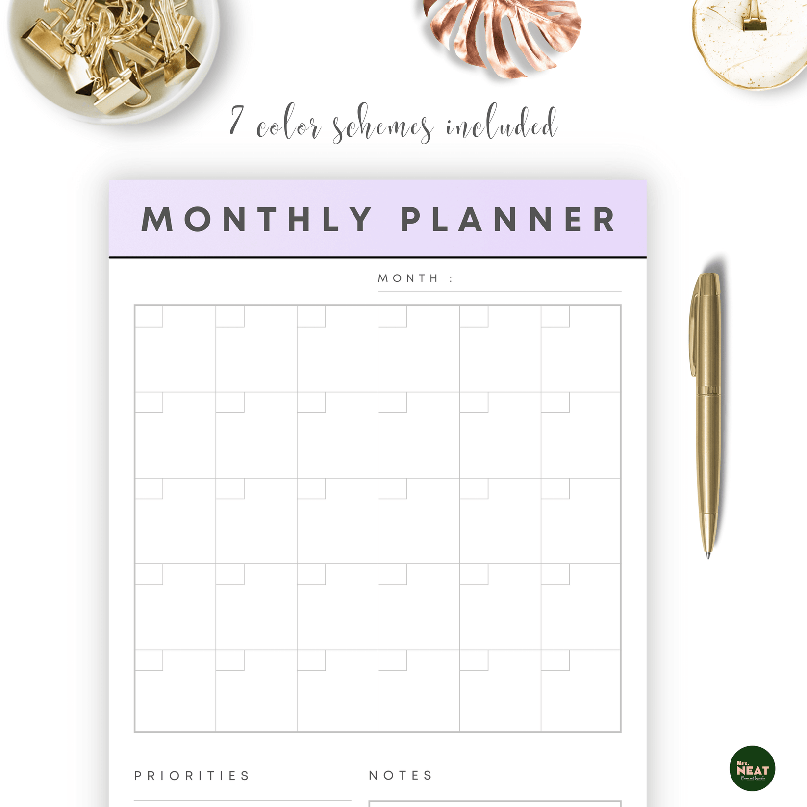 Monthly Planner Printable in 7 Colors - M031 – mrsneat