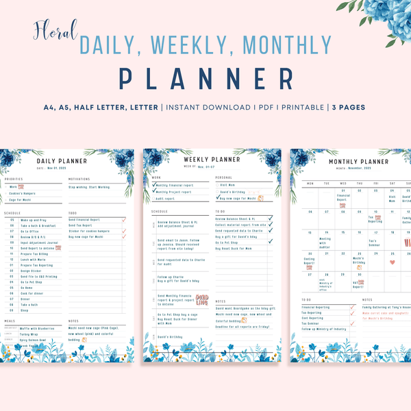 Blue Floral Daily, Weekly & Monthly Planner - M132 – mrsneat