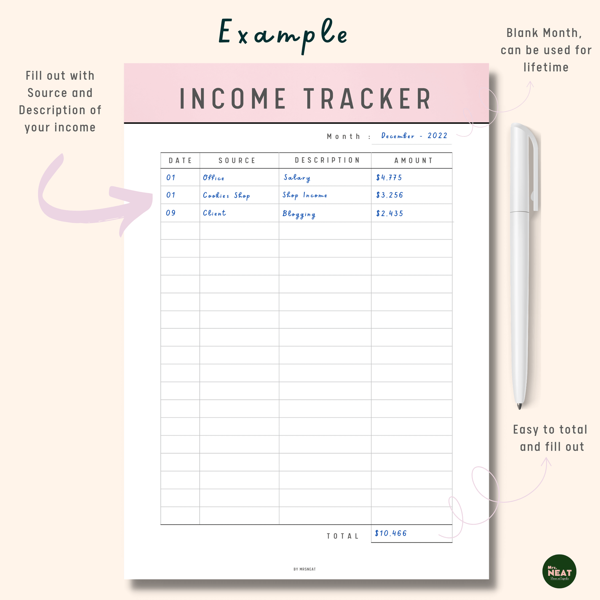 Income Tracker Printable Planner – mrsneat