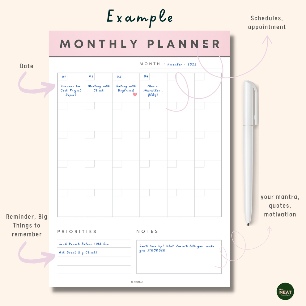 Monthly Planner Printable in 7 Colors - M031 – mrsneat