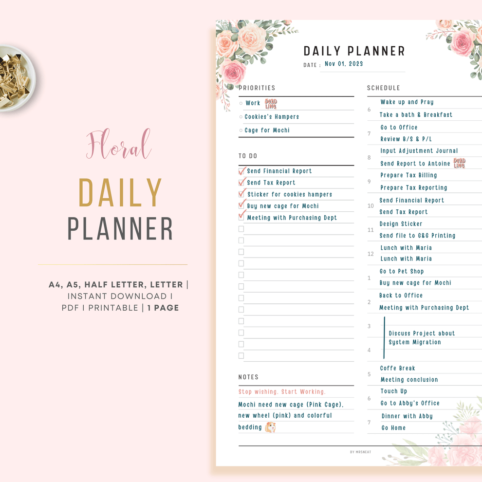 Floral Daily Planner Printable - M133 – mrsneat