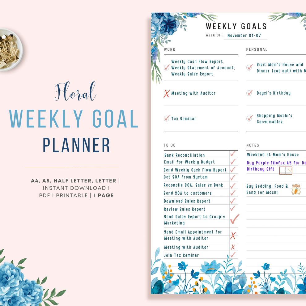 Blue Floral Weekly Goal Tracker Planner - M135 – mrsneat