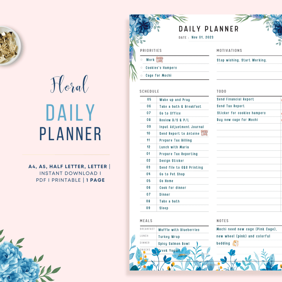 Blue Floral Daily Planner Printable - M125 – mrsneat